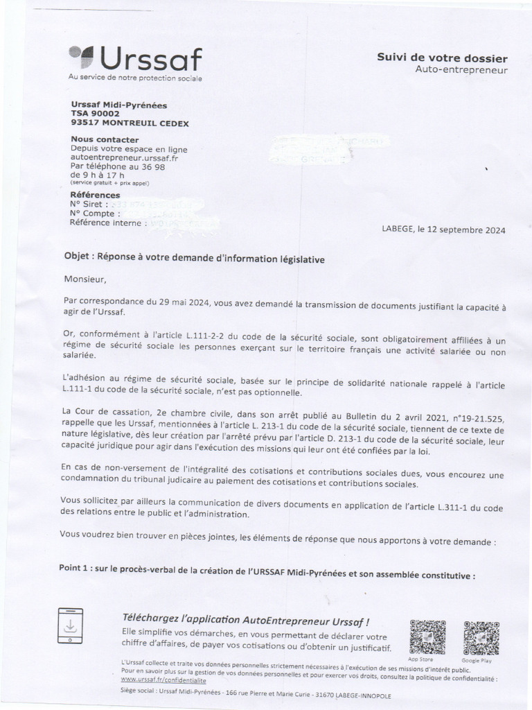 Reponce de l'URSSAF 1.pdf Version 1 | PDF