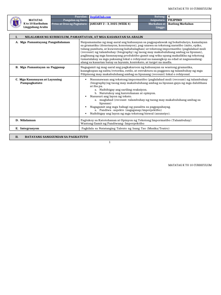 DLL Matatag - Filipino 4 Q3 W4 | PDF