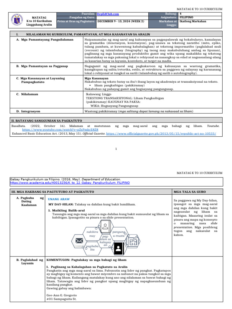 Matatag - Filipino 4 Q3 W2 | PDF