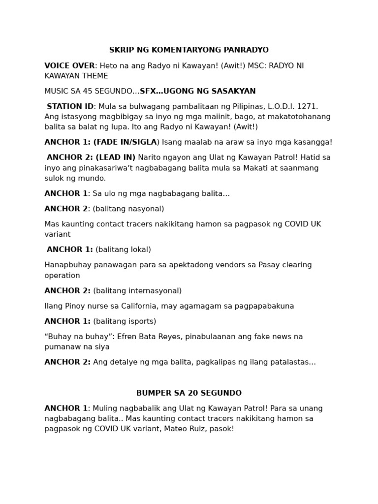 Halimbawa Skrip NG Komentaryong Panradyo | PDF
