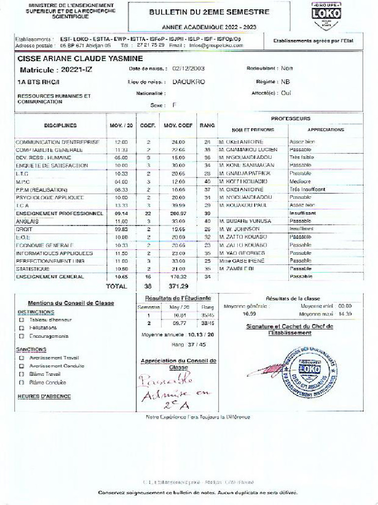 Bulletin Premiere 2e Semestre Premiere Annee Cisse | PDF