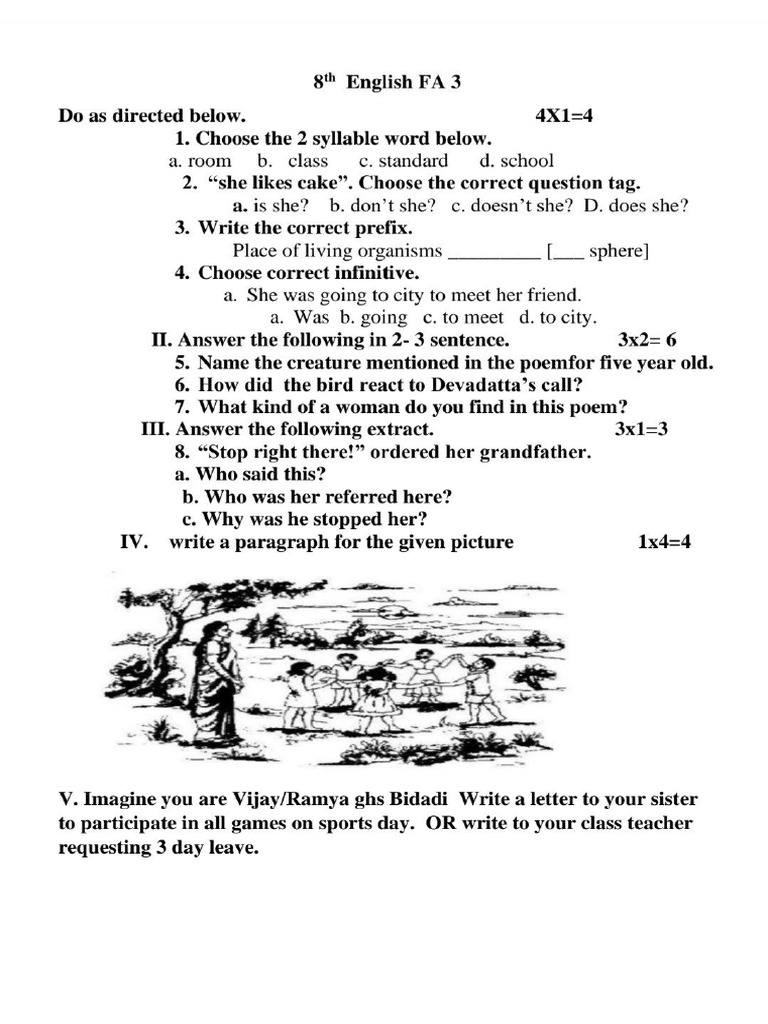 8th STD English Fa3 Paper 2023-24 | PDF