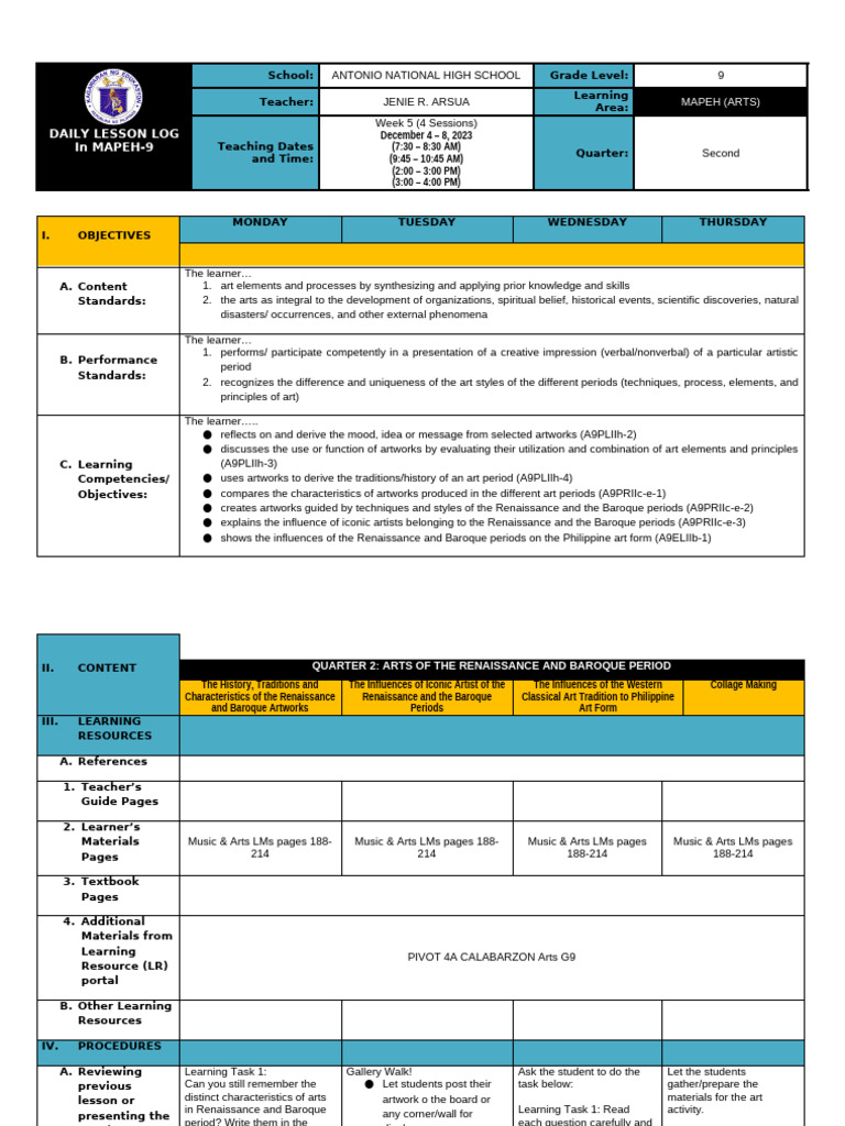 Q2-ARTS 9-WEEK 5 | PDF | Rubric (Academic) | Learning