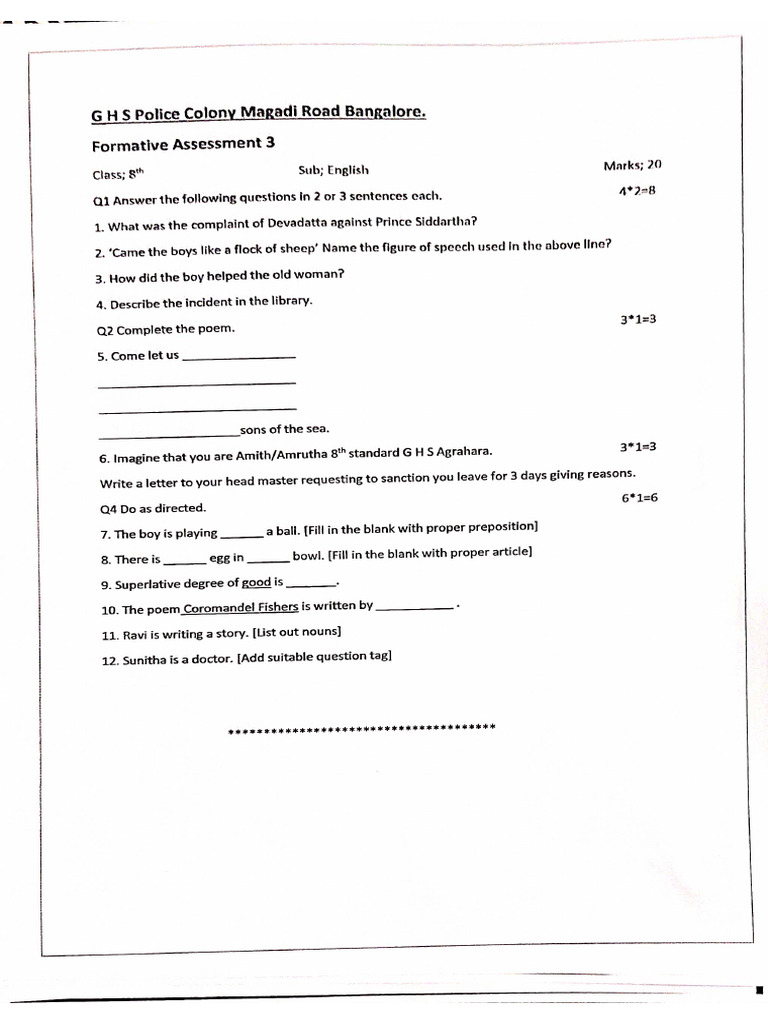 8th STD SL English Fa3 Question Paper 2023-24 by Ghs Police Colony Bangalore PDF | PDF