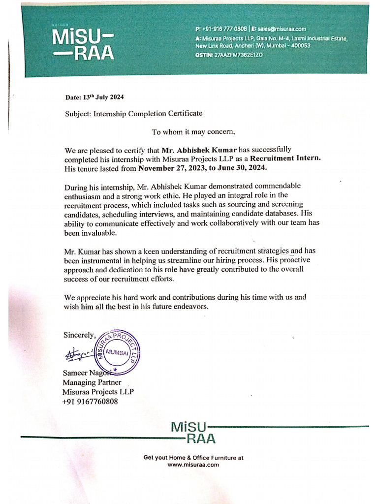 Abhishek Kumar - Misuraa Internship Completion Letter | PDF Abhishek Kumar - Misuraa Internship Completion Letter | PDF