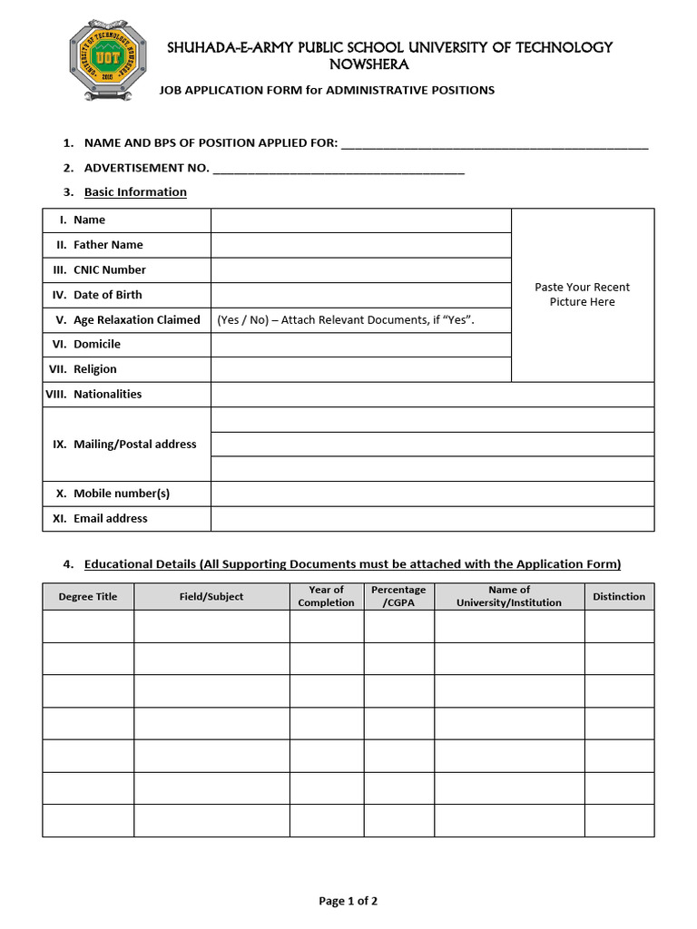 APS University Nowshera Job Application Form | PDF