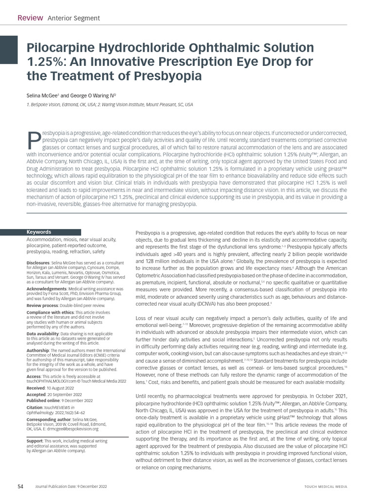 Pilocarpine Hydrochloride Ophthalmic Solution 125 | PDF | Human Eye ...