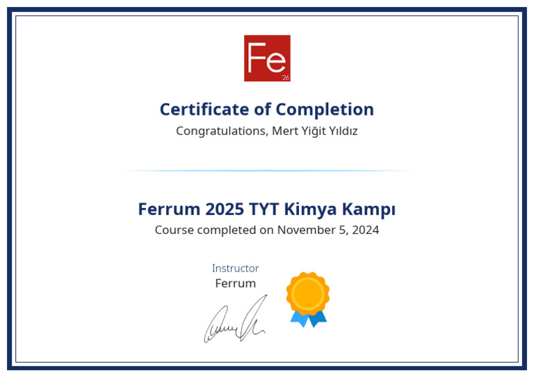 Ferrum 2025 TYT Kimya Kampı_Certificate (1) | PDF