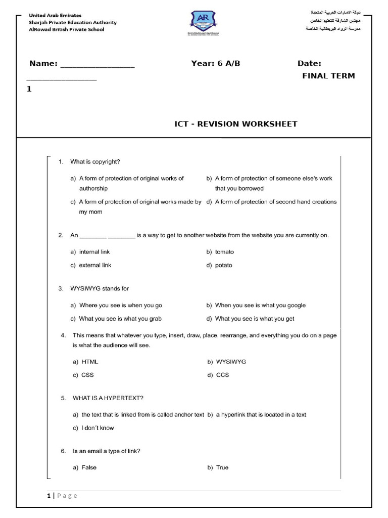 Revision Worksheet - FINAL KEY | PDF