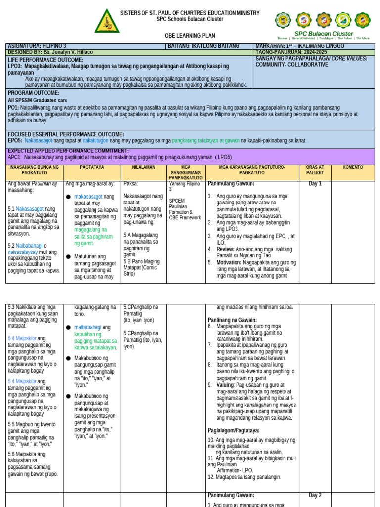 OBE LP FILIPINO 3 24-25 1st QTR Week 5 | PDF