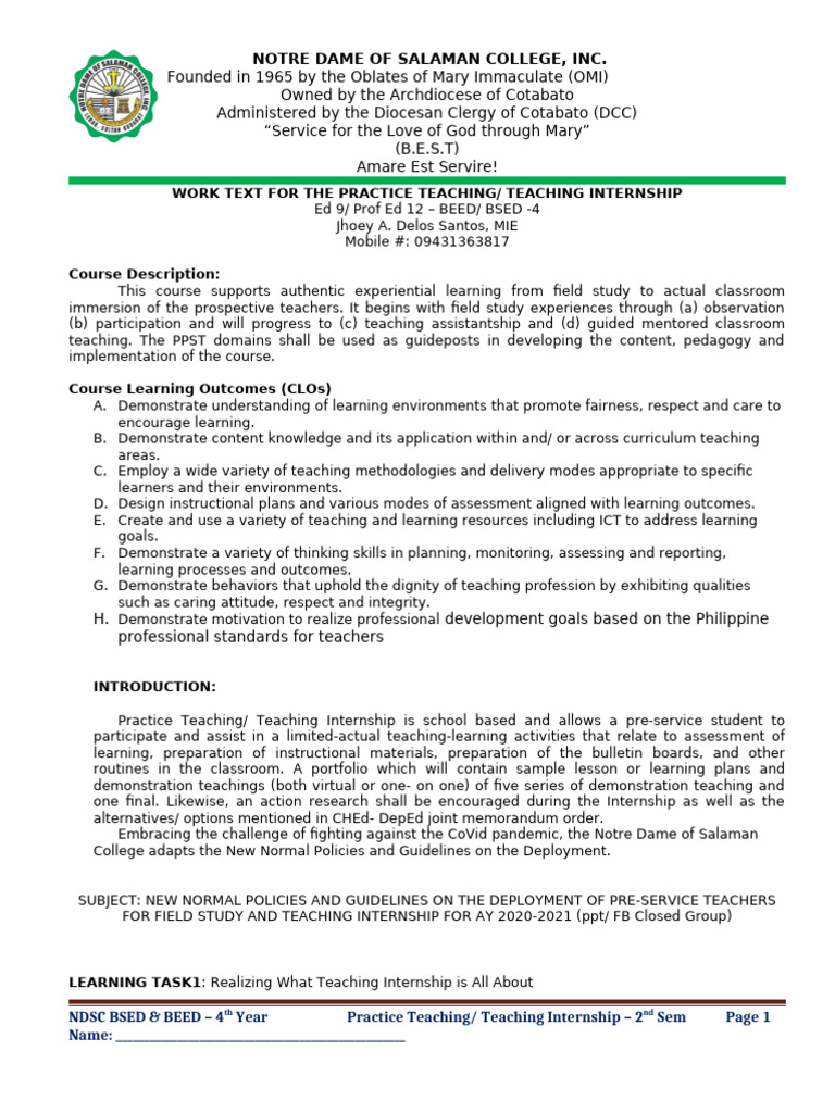 Ed 9 Internship | PDF | Teachers | Learning