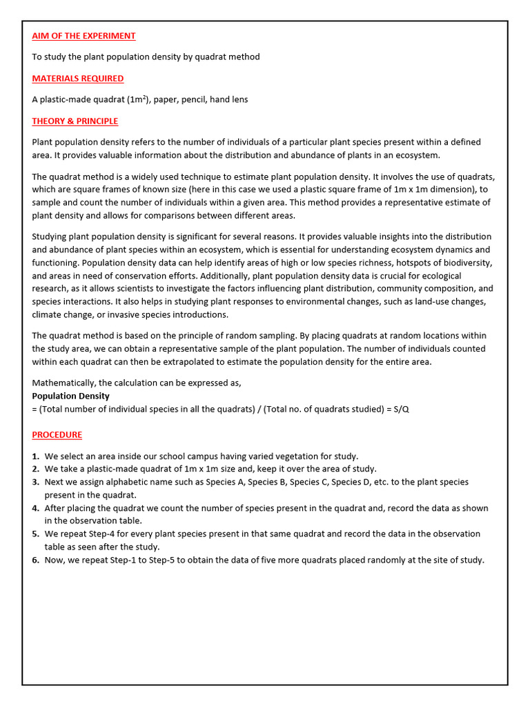 To Study The Plant Population Density by Quadrat Method | PDF ...