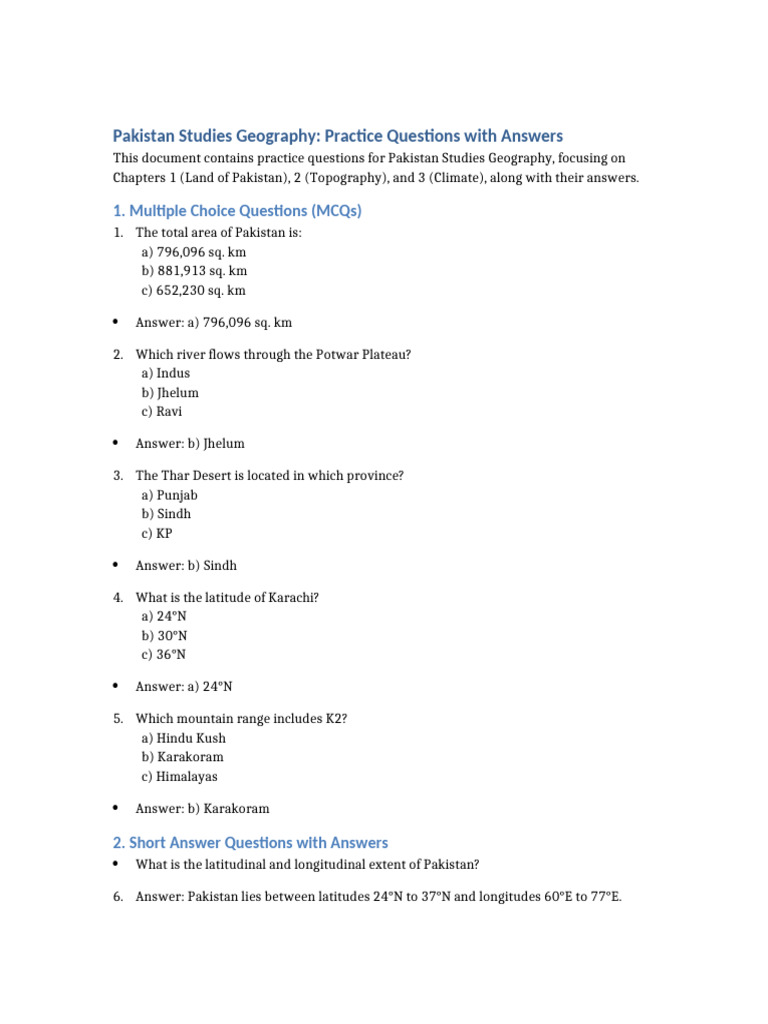 PakStudies PracticeQuestions With Answers | PDF | Indus River | Pakistan