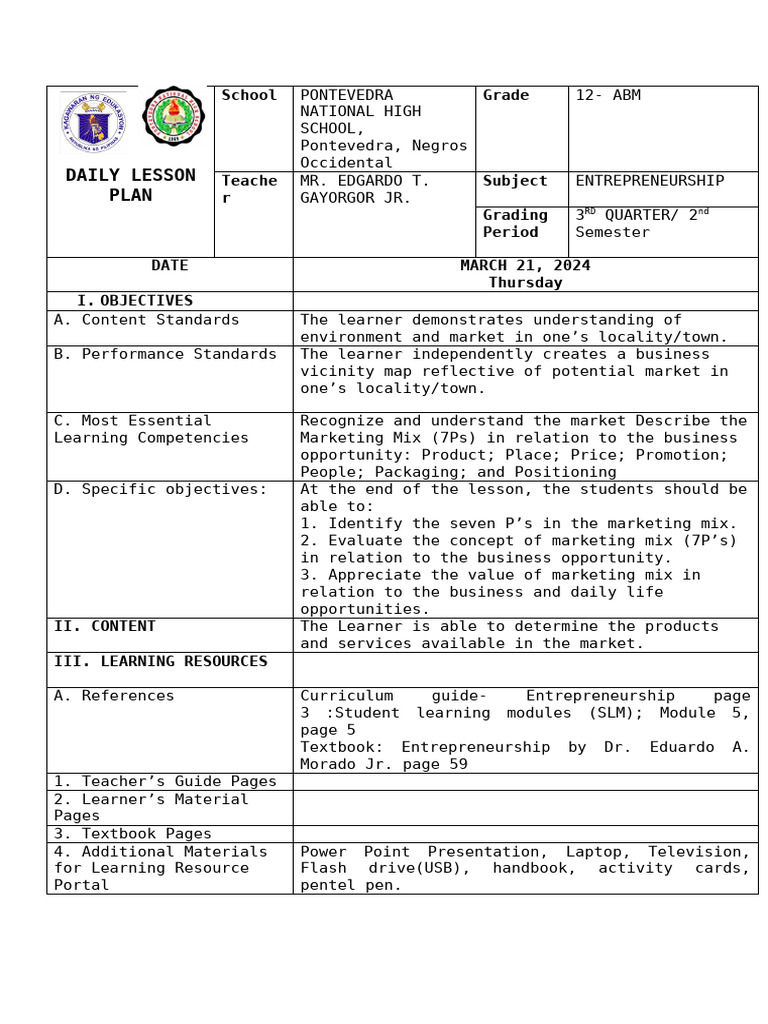Lesson Plan Cot 3 - Entrep | PDF | Marketing | Learning