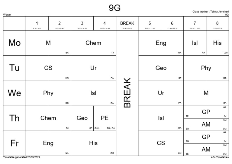9G Student Timetable Overview | PDF