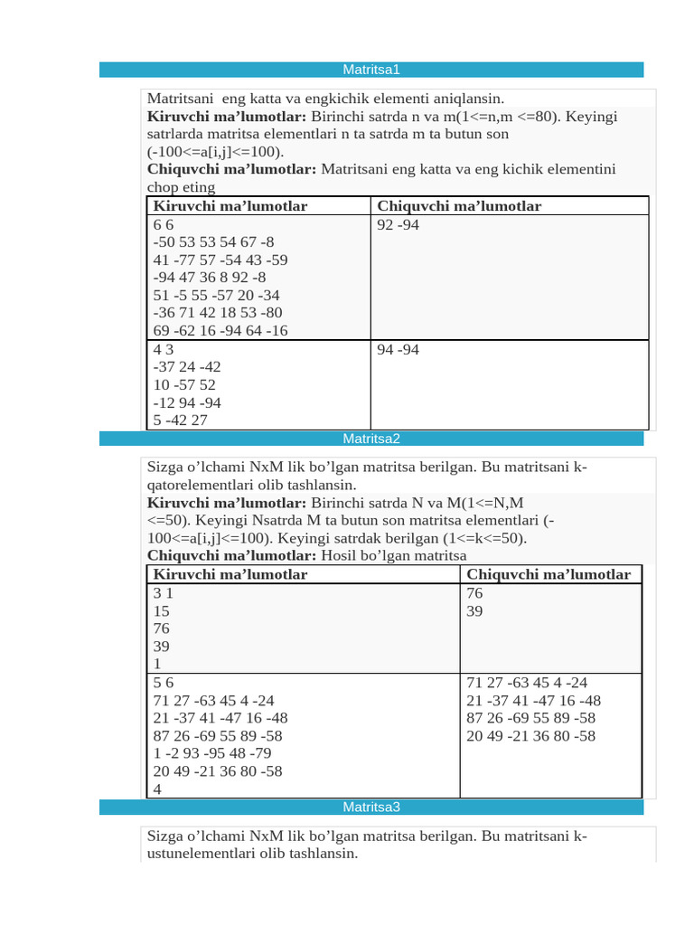Topshiriq Matritsa Easy | PDF