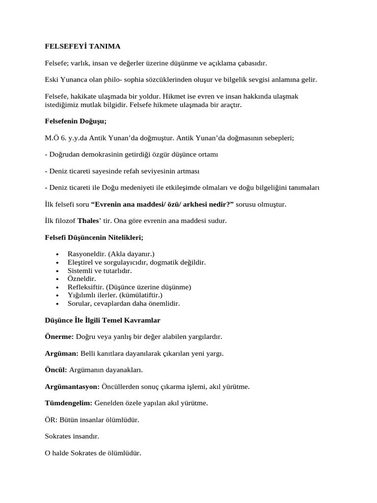 10.sinif Felsefe Dersi Kisa Notlar 1 | PDF