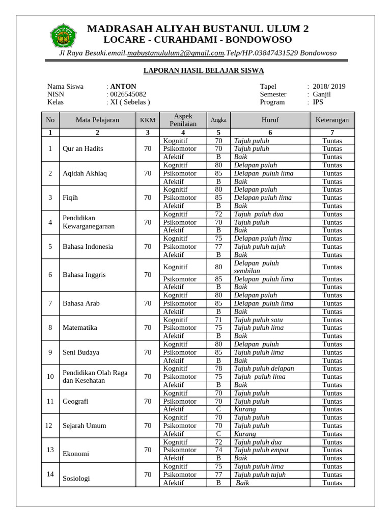 Rapot Kls X Ganjil Genap XI | PDF