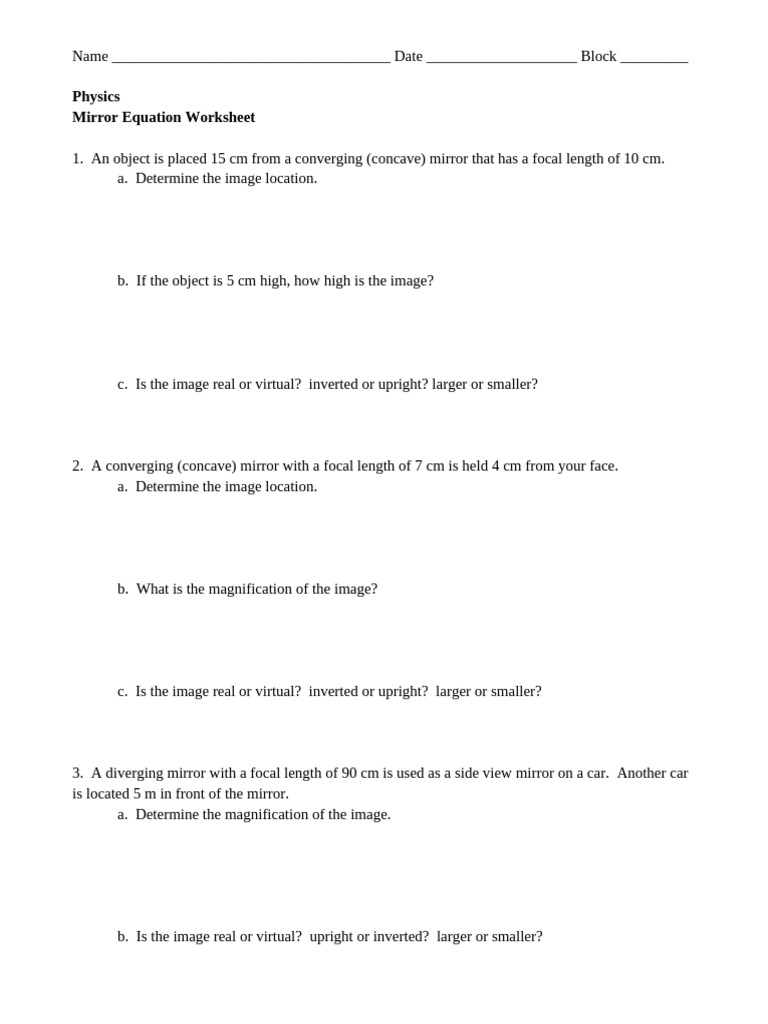 Mirror Equation Worksheet | PDF