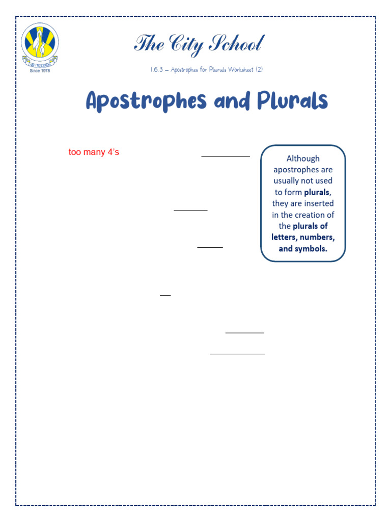 1.6.3 - Apostrophes For Plurals Worksheet | PDF