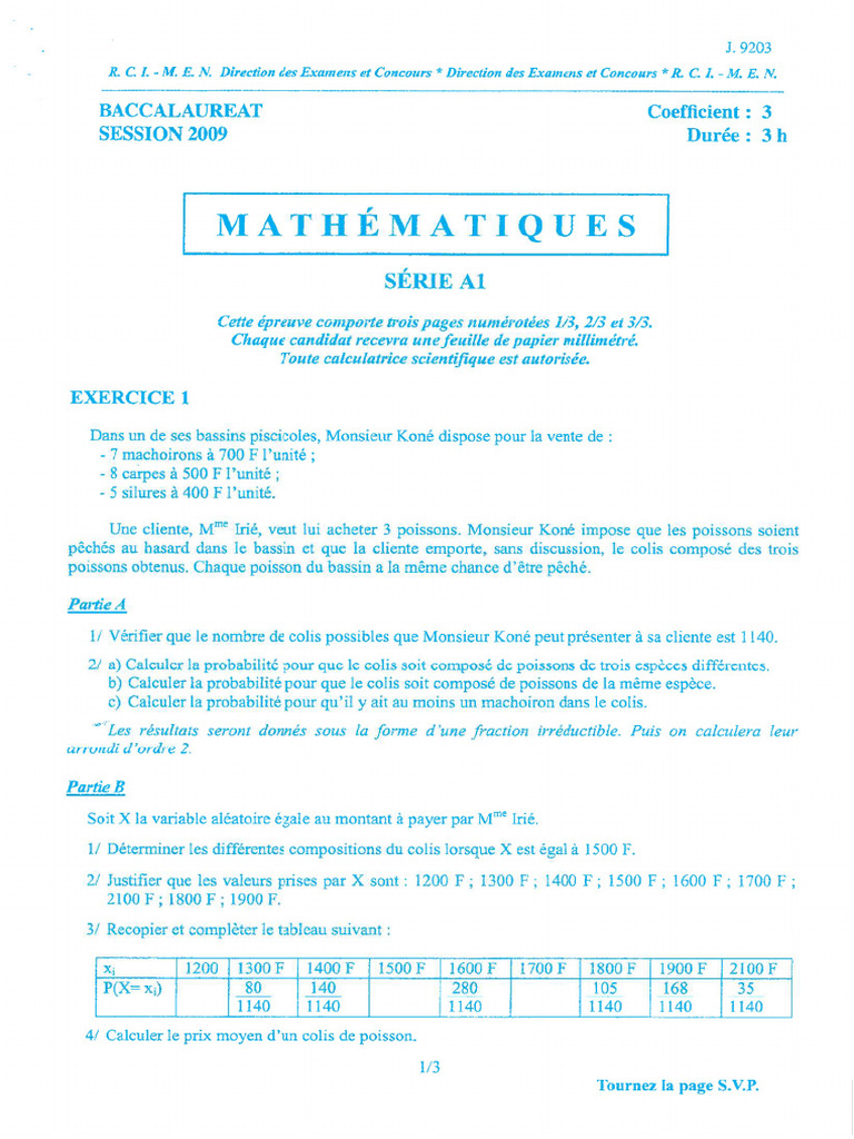 Bac A1 Math 2009 | PDF