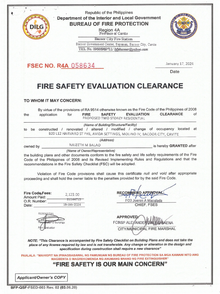 Fire Safety Clearance | PDF