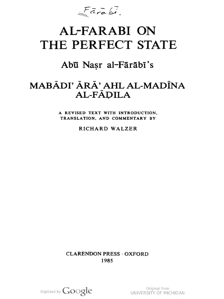 Al-Farabi On The Perfect State (Walzer) | PDF