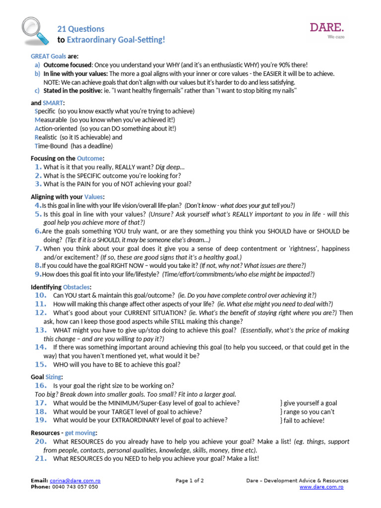 21 Questions To Extraordinary Goal Setting - U | PDF | Goal | Goal Setting