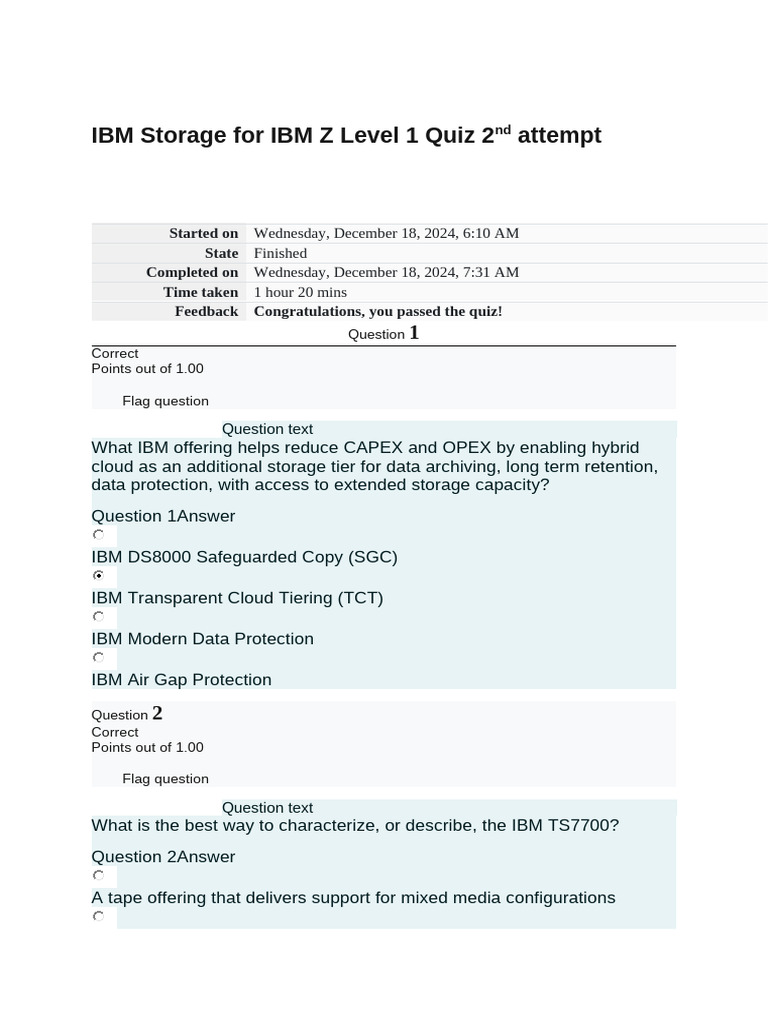 IBM Storage For IBM Z Level 1 Quiz 2nd Attempt | PDF | Cloud Computing | Information Technology