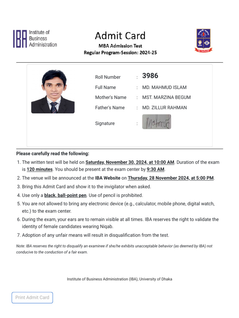 IBA MBA Admission Exam Instructions 2024 | PDF