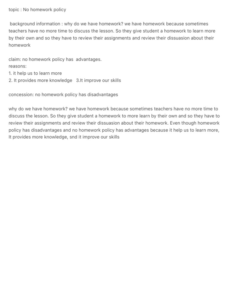 No Homework Policy: Pros and Cons | PDF