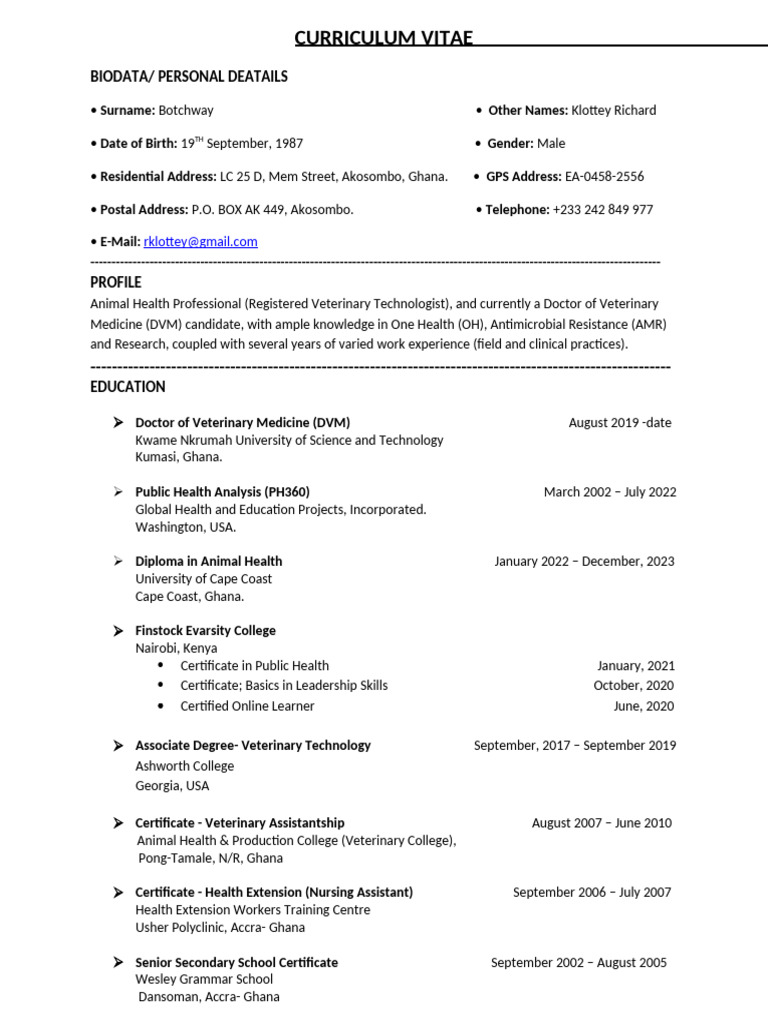 CURRICULUM VITAE-RICHARD KLOTTEY BOTCHWAY-FINAL final | PDF | Veterinary Medicine | Public Health
