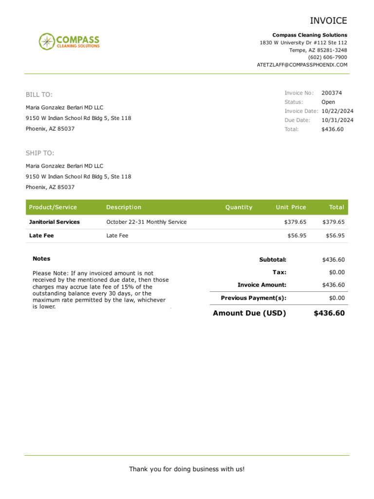 Compass Cleaning Solutions - Invoice #200374 | PDF | Payments | Money