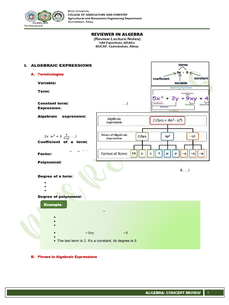 ALGEBRA-REVIEW-II | PDF | Variable (Mathematics) | Polynomial
