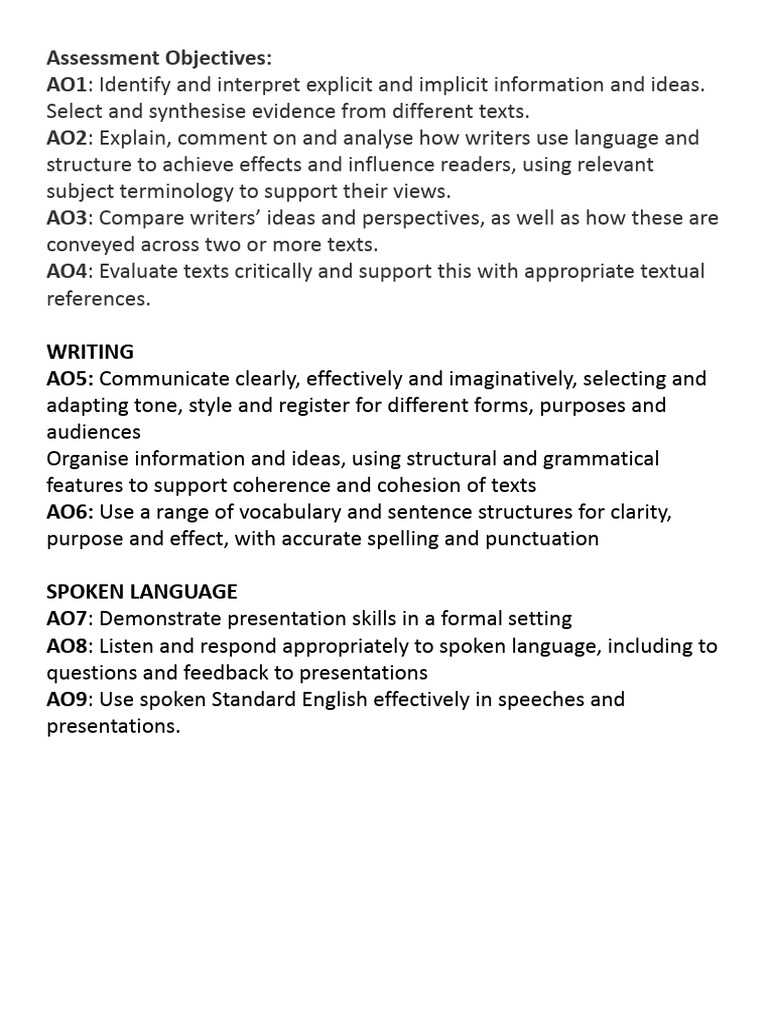 Assessment Objectives for English Skills | PDF