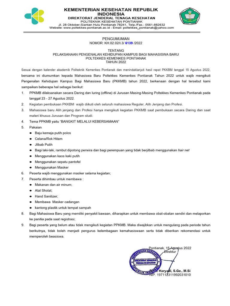 Pengumuman PKKMB TTD Direktur | PDF