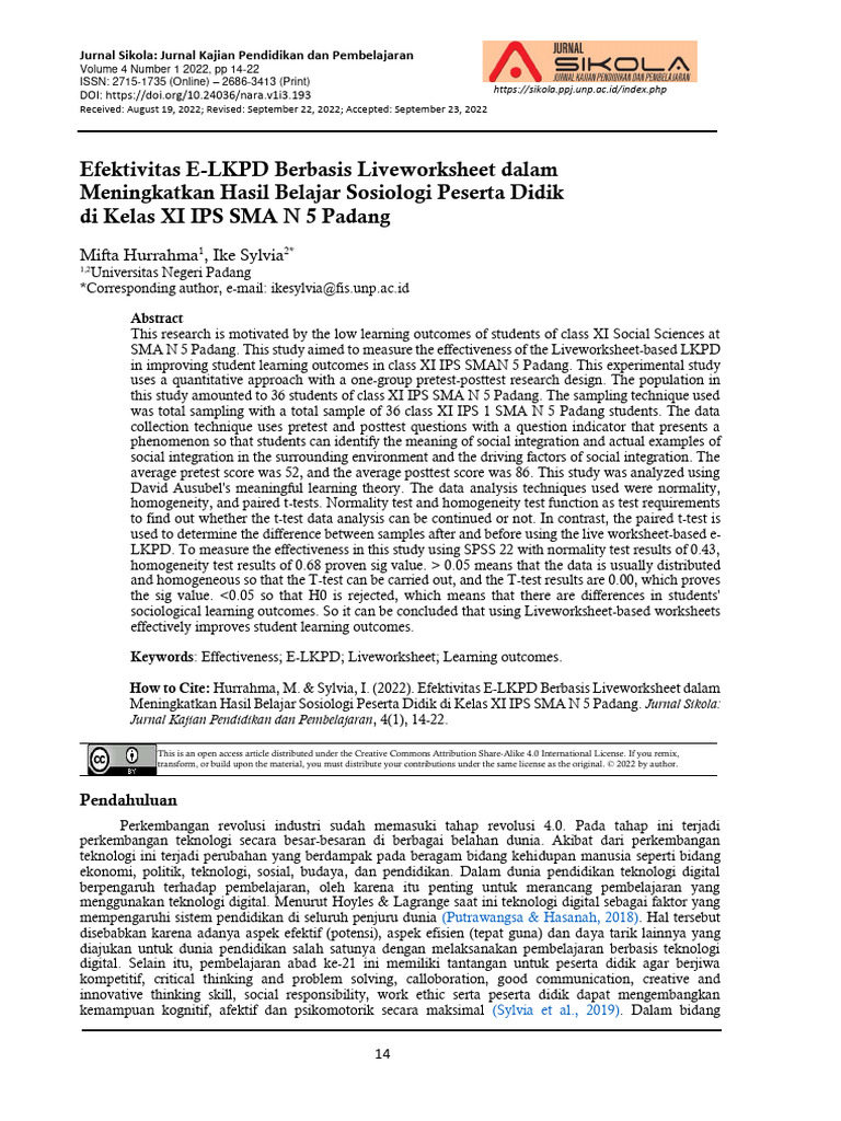 Efektivitas E-LKPD Liveworksheet Sosiologi | PDF