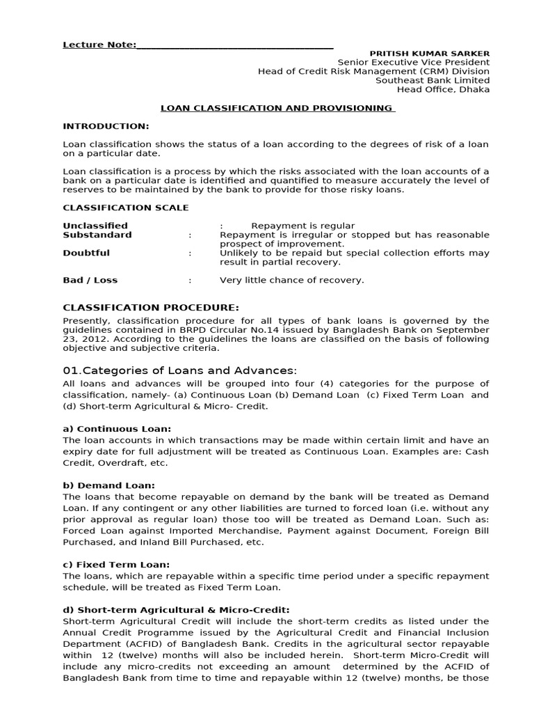 Loan Classification and Provisioning Guide | PDF | Finance & Money ...