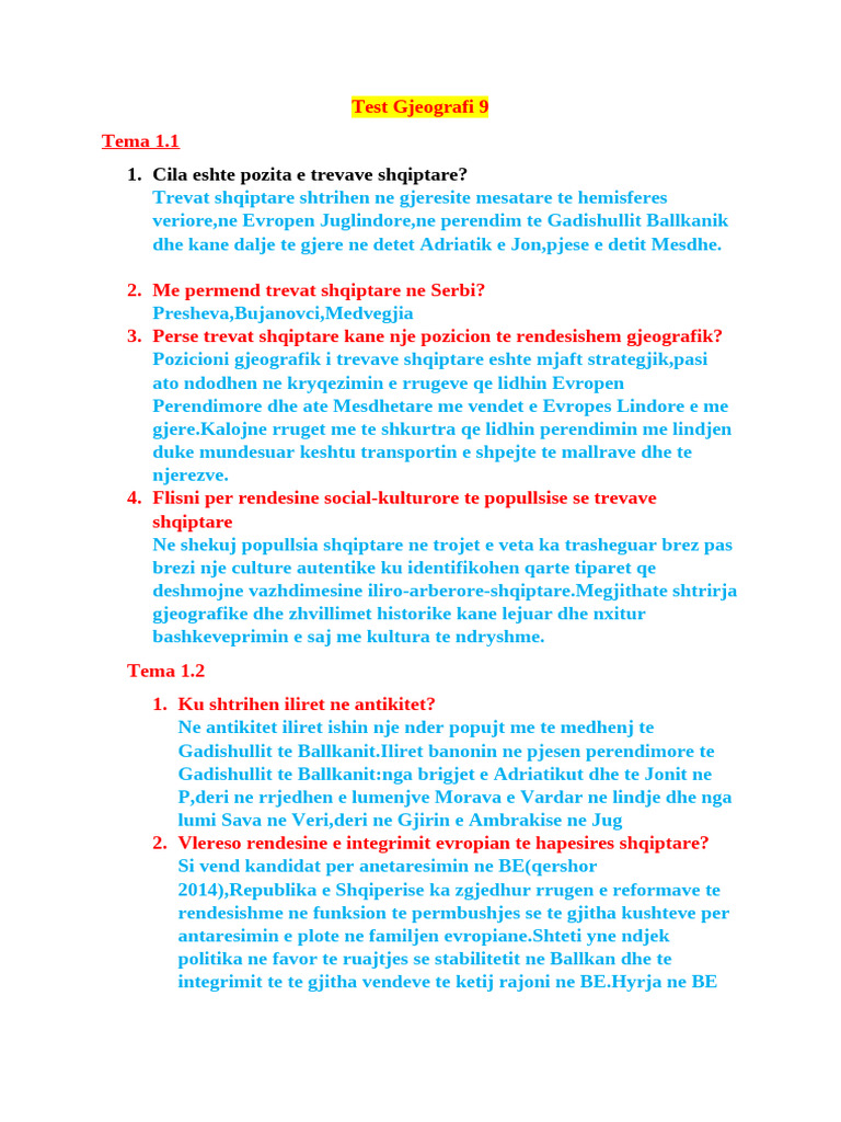 Pyetjet Gjeografi 9 | PDF