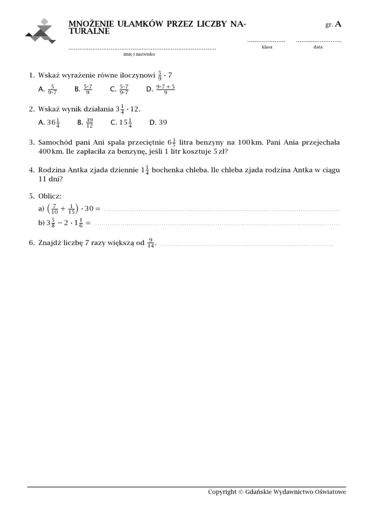 3 Klasowka - Mnozenie Ulamkow Przez Liczby Naturalne | PDF