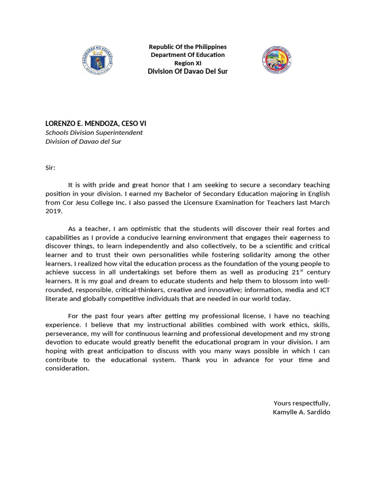 Application Letter SECONDARY Sample | PDF