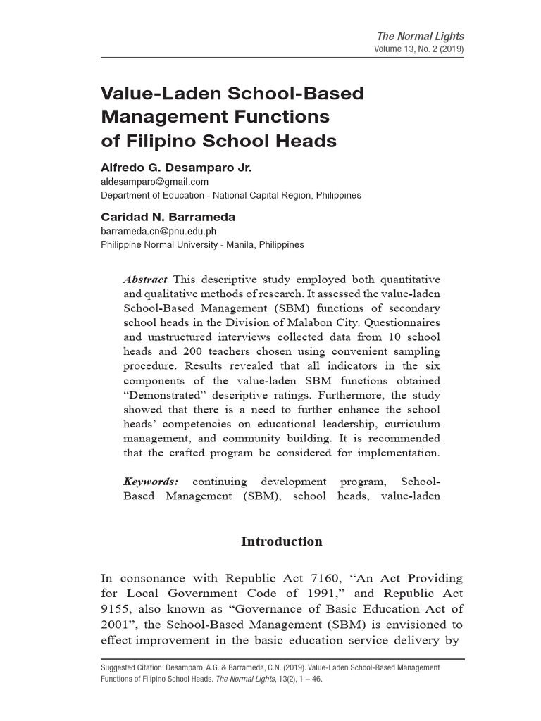 Value Laden School-Based Management Functions of+Filipino+School+Heads | PDF | Leadership ...