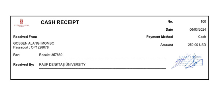 Cash Receipt for Gossen Alangi Mombo | PDF