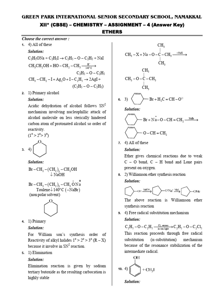 Xiicbse Che Assi 4 Ans | PDF | Ether | Chemical Reactions