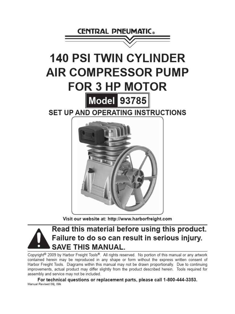 Central Pneumatic 93785 Air Compressor Pump Manual | PDF | Valve | Belt ...