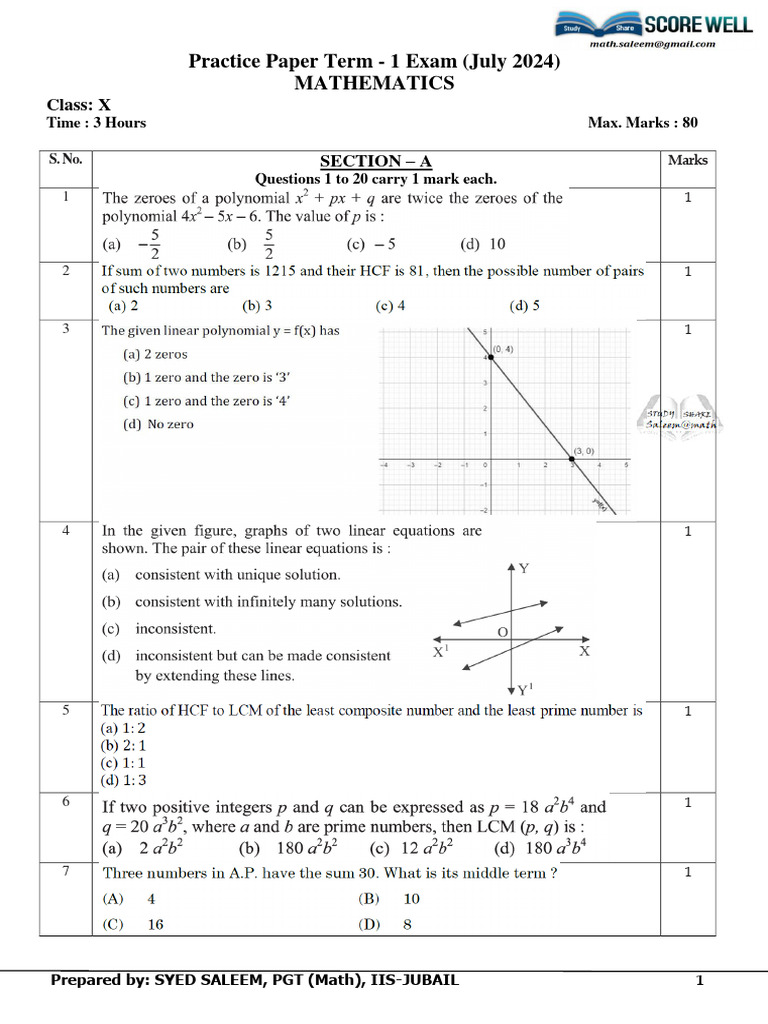 Class X Math Practice Exam 2024 | PDF | Mathematics | Tests