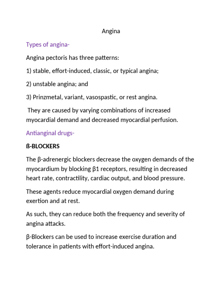 Angina note | PDF | Cardiac Muscle | Physiology