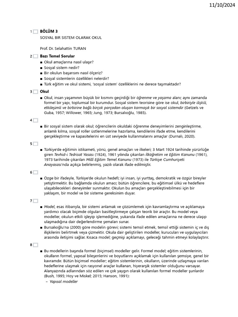 3 Sosyal Bir Sistem Olarak Okul | PDF