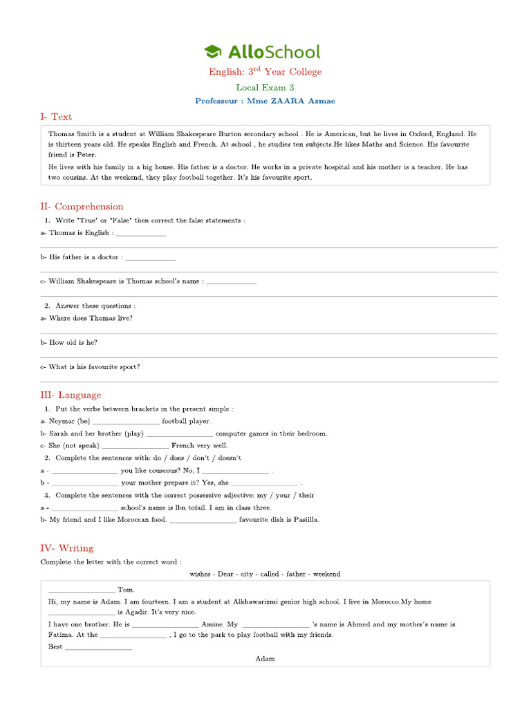 English 3rd Year College Local Exam 3 2 | PDF