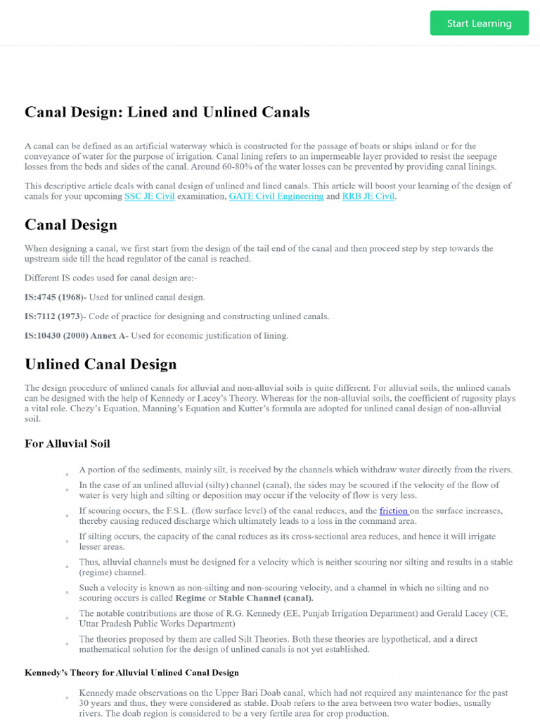 Canal Design of Unlined Lined Canals Kennedy Laceys Theory 1f3a33bc | PDF